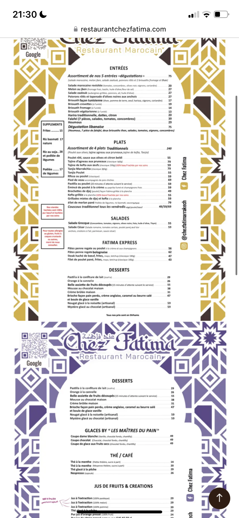 Chez Fatima - Menu Translated